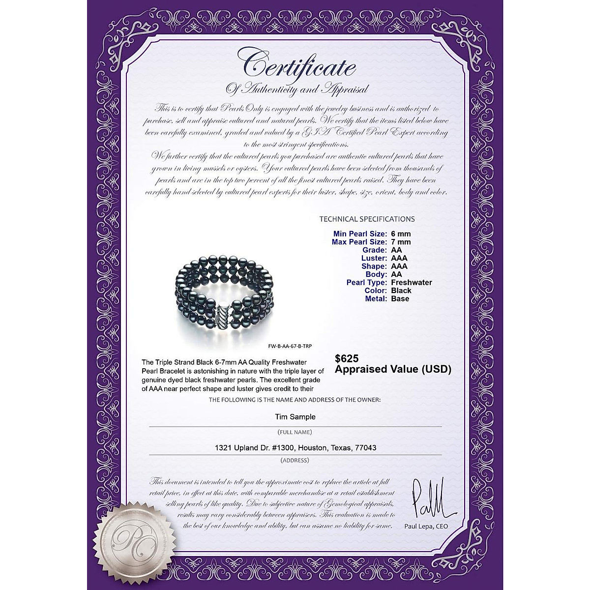 Medina Black 6-7mm Tripple Strand AA Quality Freshwater Cultured Pearl Bracelet for Women-7.5 in length