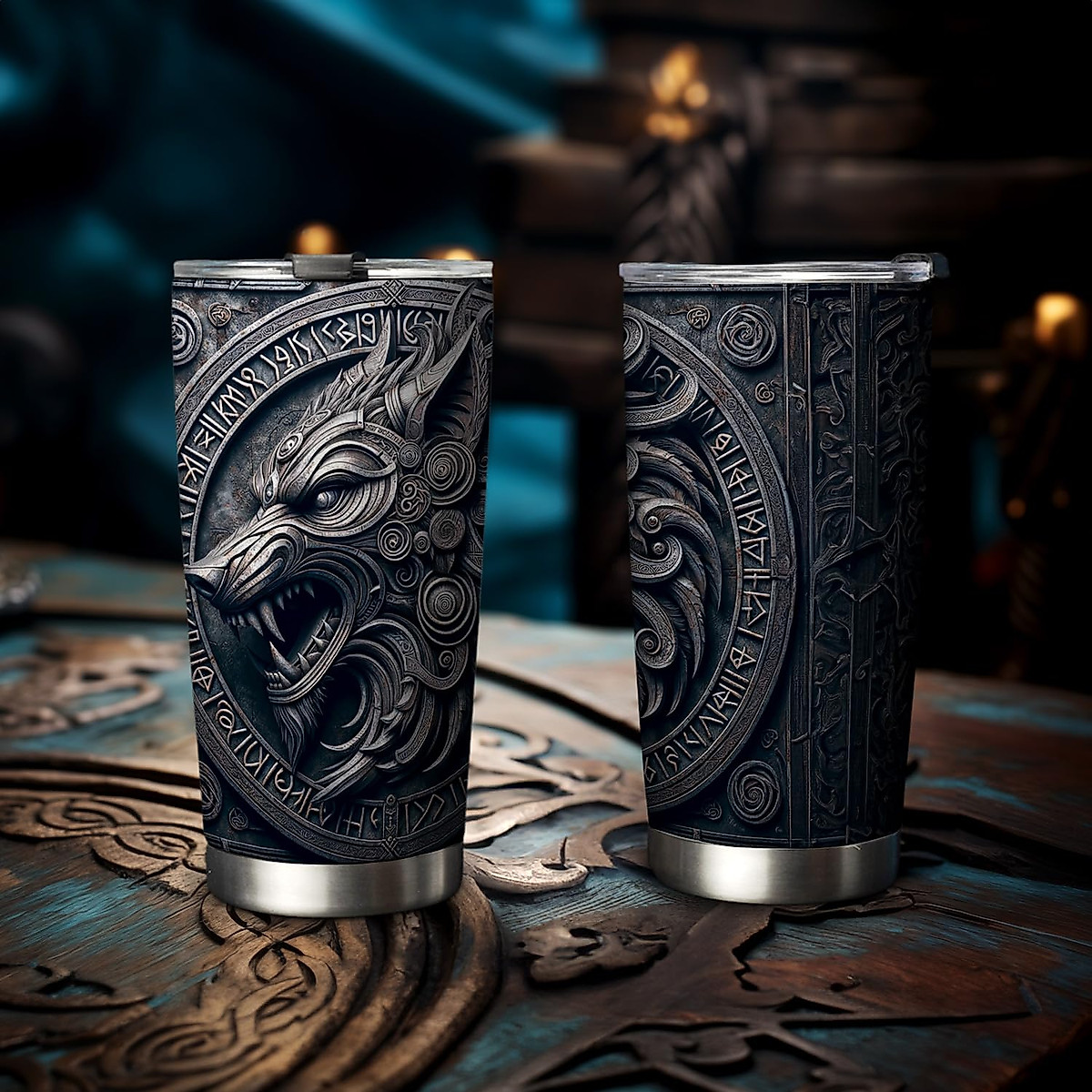 20oz Viking Celtic Warrior Wolf Tumbler, Norse Mythology, Viking Gifts for Men, Coffee Thermos for Men, Stainless Steel Double Wall Vacuum Insulated Coffee Mug, Travel Cup with Lid