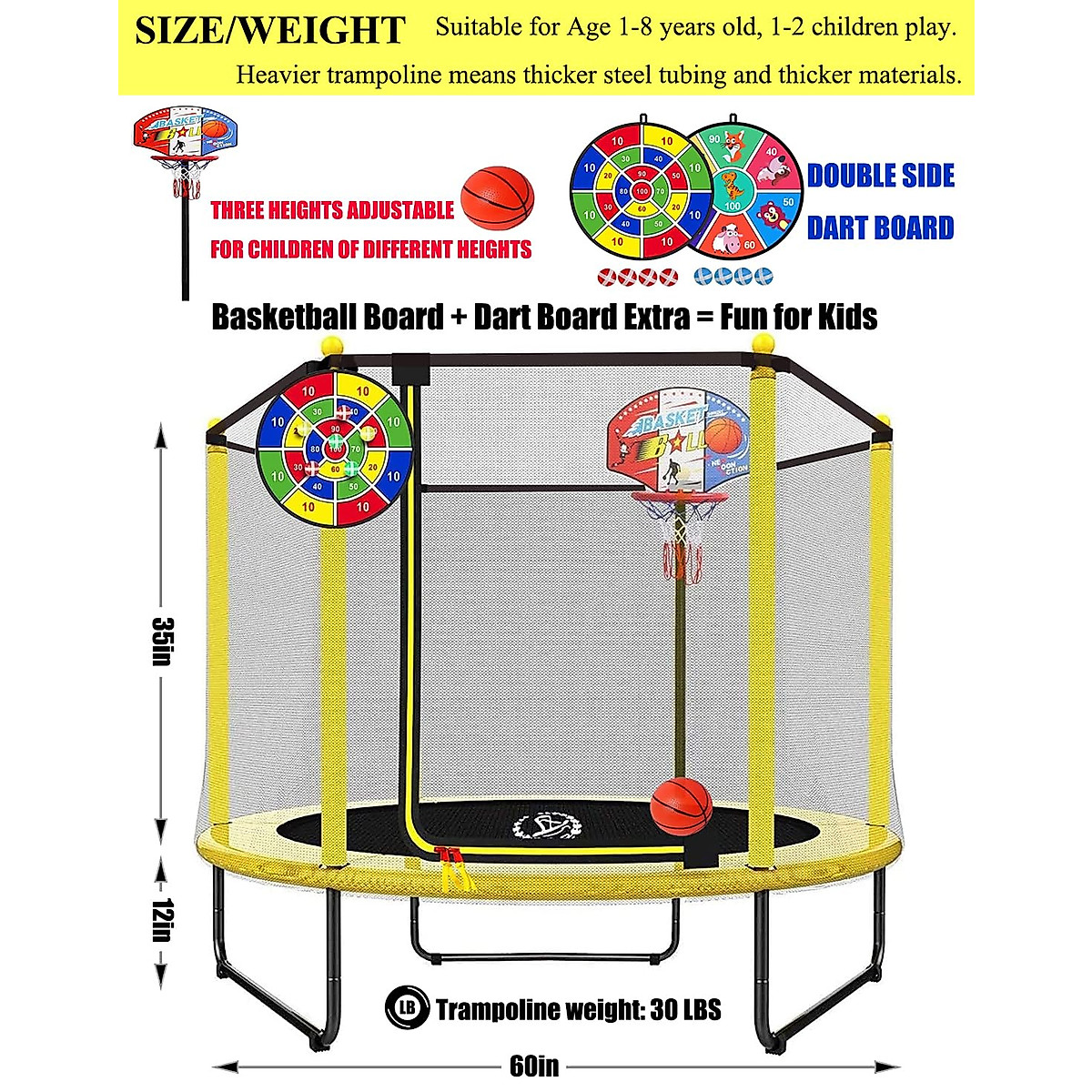 LANGXUN 60" Trampoline for Kids, 5ft Mini Toddler Indoor & Outdoor Trampoline with Net, Basketball Hoop & Dart Board, Birthday Gifts for Boys & Girls, Baby Toddler Christmas Toys, Age 1-8 Years