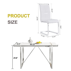 Dining Table Set for 6，White Rectangular MDF Kitchen Table and Leather Dining Chairs Set of 6, 7 Piece Dining Table Set，Modern Metal Frame Dining Room Table Set 6 with Metal Frame For Kitchen