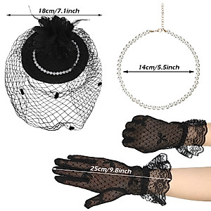 Hicarer 50s Fascinator Hat for Women Girl Funeral Veil Hat Pillbox Cocktail Tea Party Headpiece and Lace Glove Pearl Necklace(Black, Gold)