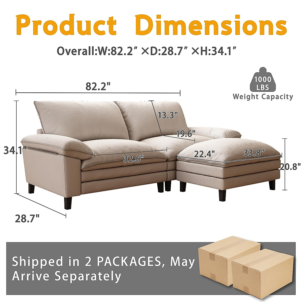 Neoriver Convertible Sectional Couch with Ottoman, Modern 2 Seater Loveseat Cloud Couch, L Shaped Deep Seat Sofa Furniture Modular Set for Living Room Apartment Office, Beige