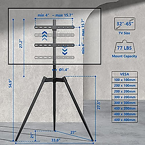 Rfiver Artistic Easel TV Tripod Stand for 32 to 65 Inch LCD LED Flat Curved Screens up to 77 lbs, 100° Swivel Minimalist TV Stand for Living Room Corner, Height Adjustable Floor TV Mount, Black