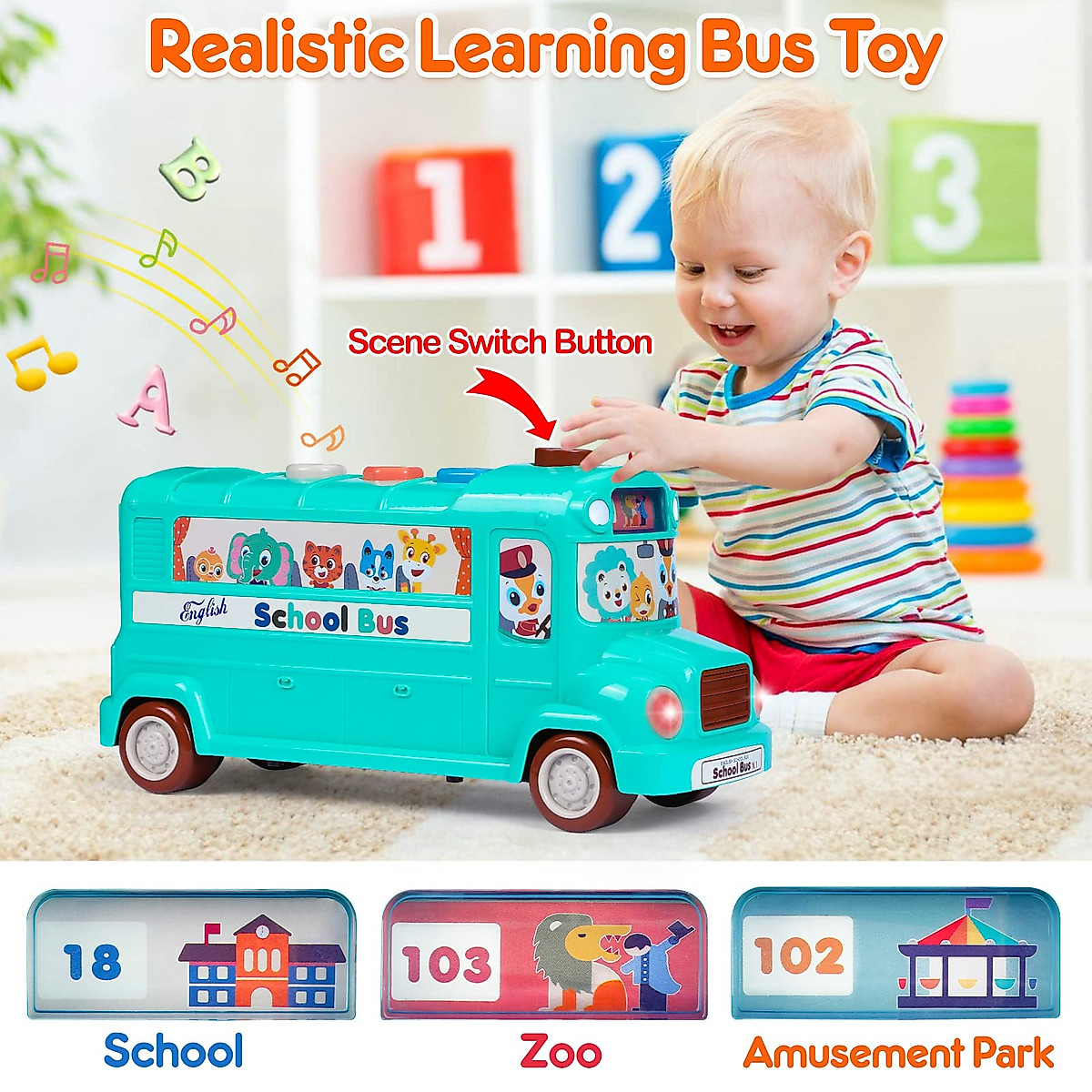 Baby Music Toy 12-18 Months Toddler School Bus Learning Toys for 1 Year Old Boys Girls Learn Alphabet, Number and Vocabulary Educational Light-Up Musical Toy Xmas Birthday Gift Toy for 1 2 3 Year Old