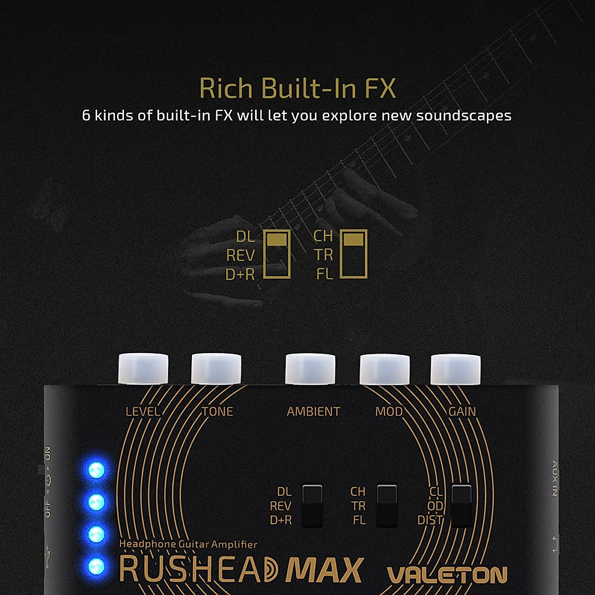 Valeton Rushead Max USB Chargable Portable Pocket Guitar Bass Headphone Amp Carry-On Bedroom Plug-In Multi-Effects