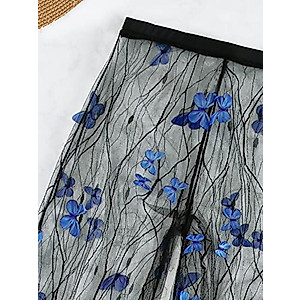 MakeMeChic Women's 3 Piece Swimsuit Full Coverage Bikini Set with Butterfly Cover Up Pants Black Blue M