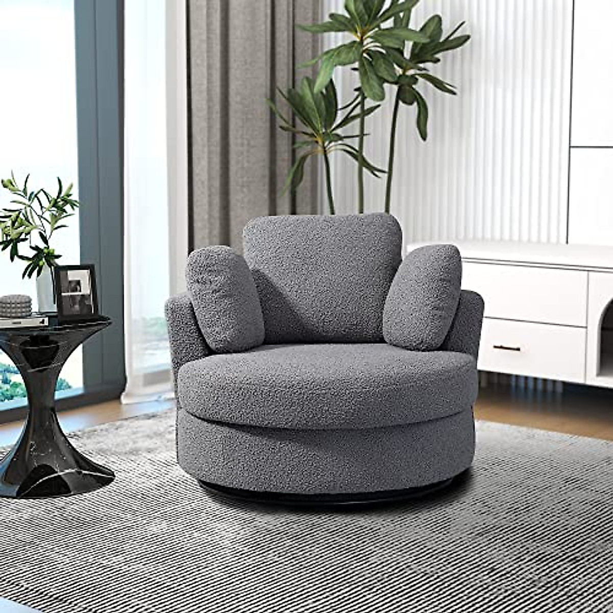 Dvasovio 42.2" W Swivel Accent Barrel Chair with 3 Pillows 360 Degree Swivel Lounge Club Round Chair, Oversized Arm Chair Cozy Club Chair for Bedroom Living Room Hotel, Ivory Boucle(Dark Gray)