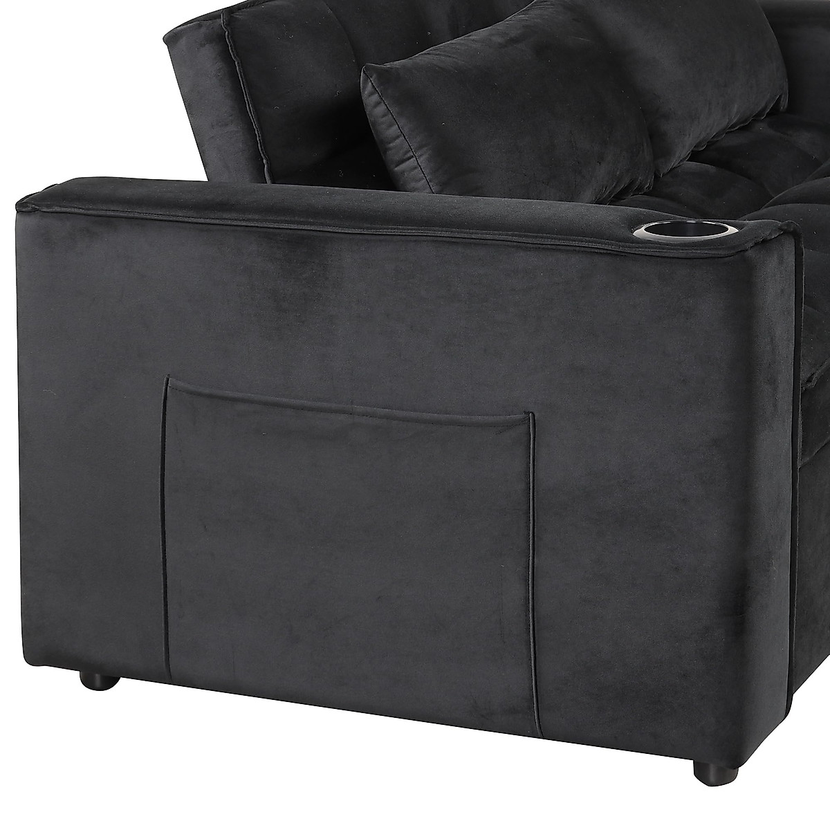 Convertible Sofa Couch with Pull-Out Sleeper,Adjustable Loveseat Armchair Single Bed Chair with Cup Holder,USB Port,Side Pocket&Pillows for Living Room/Apartment/Office/Studio/Small Place