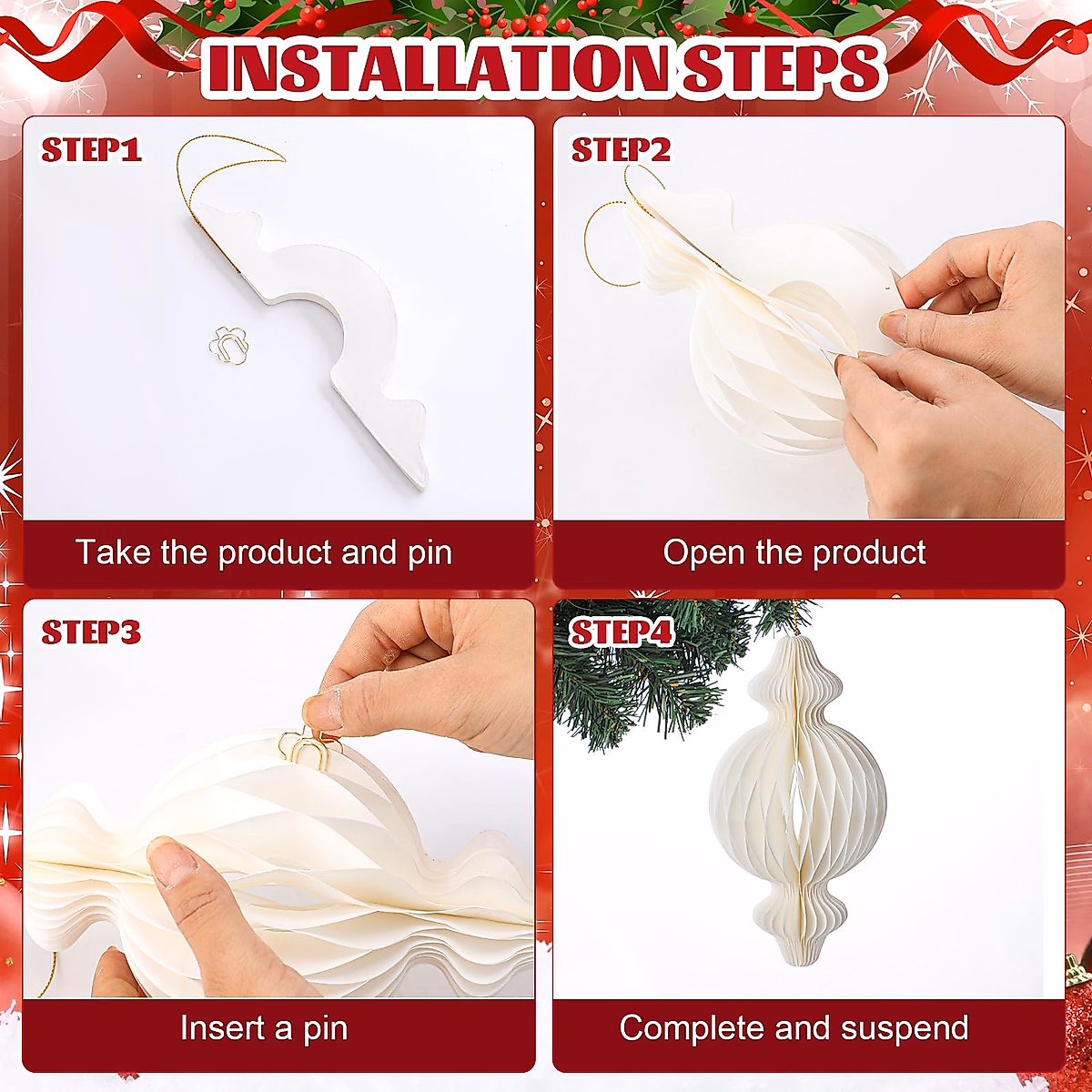 Cinnvoice 12 Pcs Christmas Large White Hanging Honeycomb Balls Jumbo 3D Paper Christmas Tree Ornaments Decorative Lantern Honeycomb Decorations for Holiday Winter Wedding Xmas Party Wonderland Decor