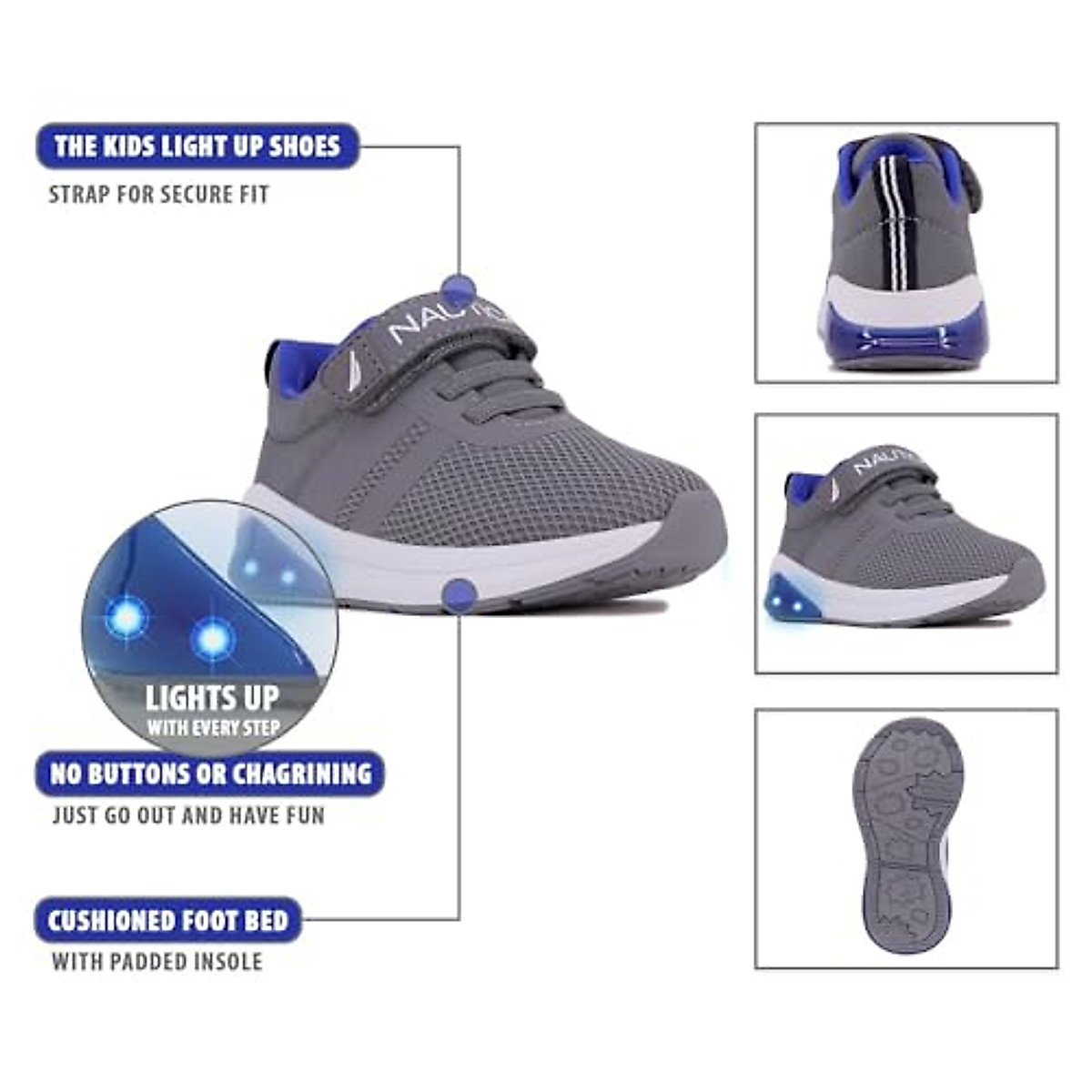 Nautica Kids Light Up Flashing Sneaker Athletic Strap Running Shoes Boy Girl Toddler Little Kid -Towhee Buoy Lights-Grey Cobalt Size-12