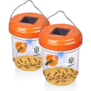 2 Pack Solar Wasp Traps, Solar Powered Wasp Killer Hanging with UV LED Light, Reusable Bee Trap Catcher Outdoor for Hornets, Yellow Jackets