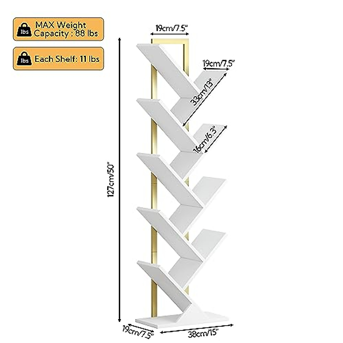 Yusong Tree Bookshelf, Geometric Bookcase with Steel Pipe for Living Room Bedroom, Floor Standing Books Shelves for Home Office (White, 9 Tier)
