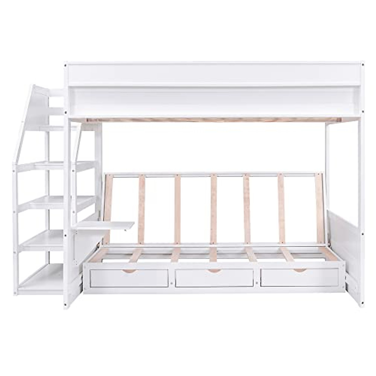SOFTSEA Full Over Futon/Full Bunk Bed with Storage Staircases, Convertible Couch and Bed with Drawers, Wood Bunk Bed Frame for Kids Teens, No Box Spring Needed (White)