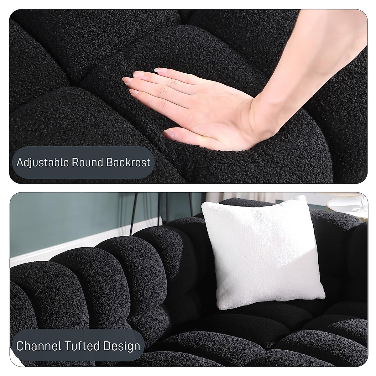 OUYESSIR 84" Modern Teddy Cloud Sofa for Living Room, Comfy Boucle Tufted 3-Seater Standard Sofa, Upholstery Decor Futon Couch with 2 Pillows for Apartment Bedroom, Black