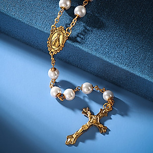 Catholic Gold Rosary, Pearl Beads Prayer Rosary Necklace, Gold Plated Beaded Rosary for Women