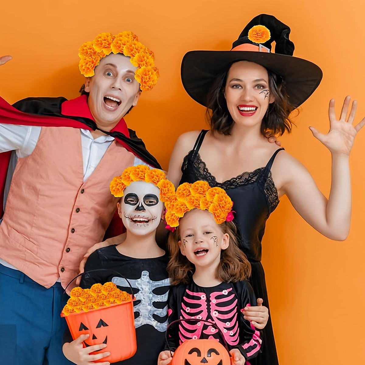 Labeol 50PCS Marigold Flowers Artificial Marigold Flowers Heads Bulk Mexican Decoration Silk Orange Marigold Garland with Stems for Day of The Dead Halloween Diwali Party Decorations Home Decor