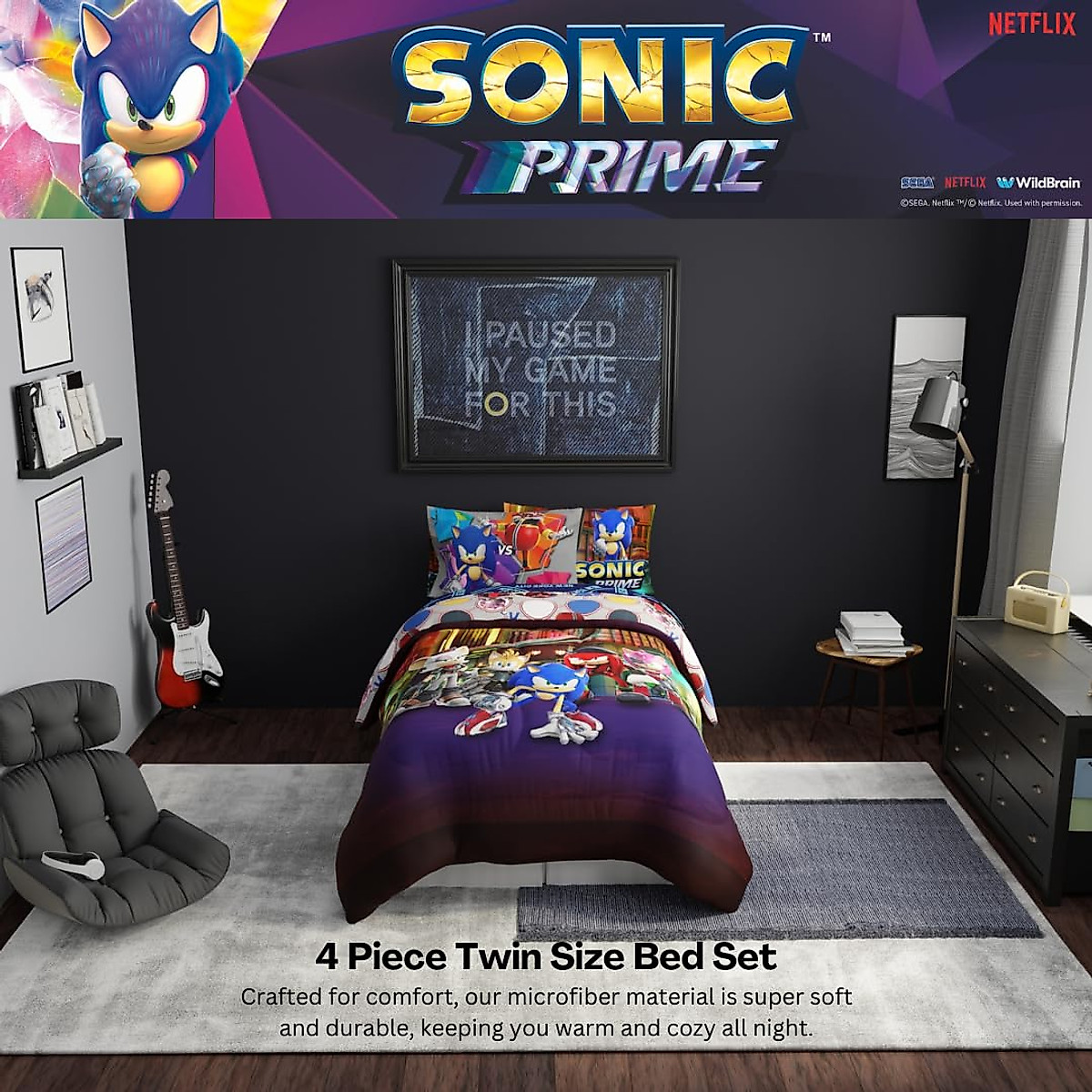 Franco Sonic The Hedgehog Prime Anime Kids Bedding Super Soft Comforter and Sheet Set, 4 Piece Twin Size, (Officially Licensed Product)