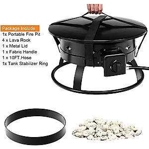 ReunionG 58,000 BTU Portable Propane Outdoor Fire Pit, w/ Cover & Carry Kit, CSA Certification, , Lava Rocks & 10 FT Hose, Durable Gas Fire Bowl for Outdoor Heating, Camping and Party, black