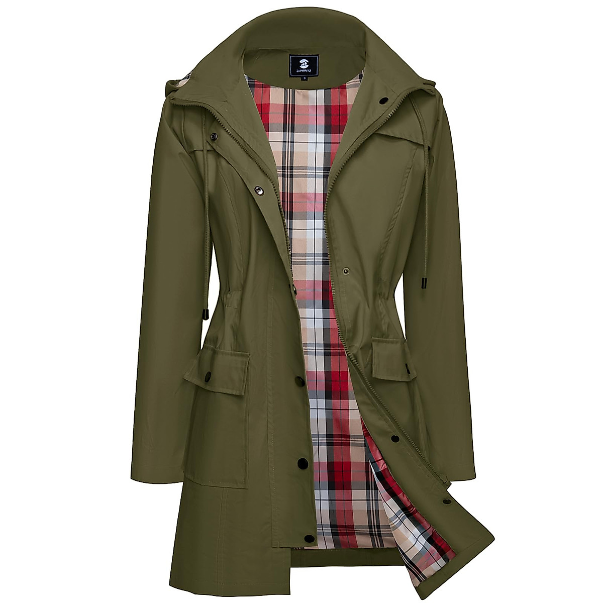 SaphiRose Women's Waterproof Rain Jacket Lightweight Raincoat Hooded Windbreaker Trench Coat (Army Green,XX-Large)