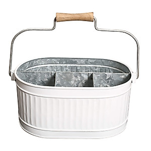 Utensil Caddy Carry-All Serveware - Galvanized Metal Organizer for Kitchen Counter - Comfortable Wooden Handle Indoor/Outdoor Storage For Flatware, Condiments, Party Cutlery, Arts - Gray/White