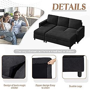 JAMFLY 79'' Sectional Sofa Couch with Storage Ottoman, Living Room Furniture Set Small Deep Convertible Sofa, L-Shaped Couch Wide Reversible Chaise with Linen Fabric (Charcoal Grey)