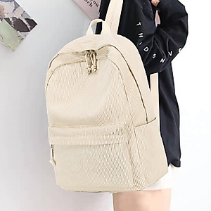 School Backpack for Teen Girls Bookbags Elementary High School Corduroy Laptop Bags Women Travel Daypacks (Beige)
