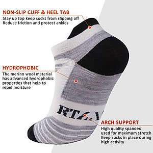 RTZAT 90% Merino Wool Athletic Running Tennis Ultra-Light Ankle Low Cut No Show Cushioned Socks for Men & Women, X-Large, Black&White&Light Gray