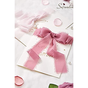 Serwalin Fringe Pink Chiffon Ribbon Silk Ribbon Set for Gift Wrapping 1.5" 6 Yd Fringe Frayed Edges Boho Wedding Ribbon Set for Bouquets Wrap,Wedding Invitations, Gifts Wrapping, Blush Pink