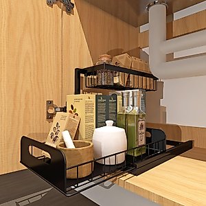 waoory Under Sink Organizer,2 Tier Pull Out L-Shape Cabinet Organizer Sink Shelf Cabinet Storage Shelves Multi-Purpose Sink Organizer for Bathroom Kitchen Drawer,Sturdy Metal,Black