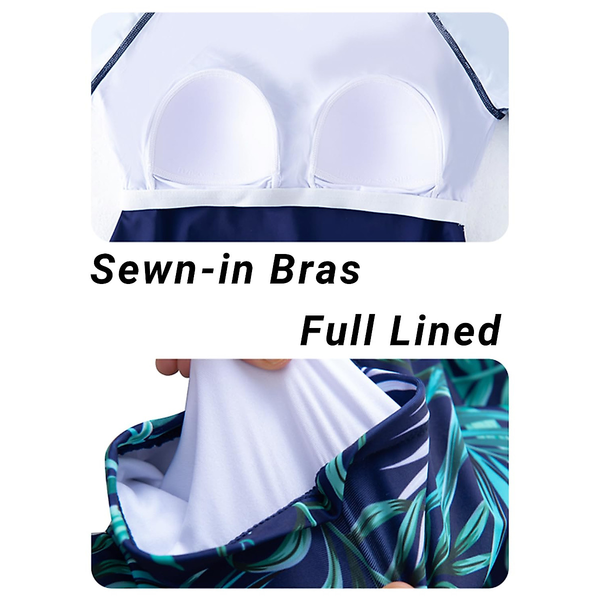 Daci Women Blue Leaves Two Piece Rash Guard Long Sleeve Swimsuits UV UPF 50+ Swim Shirt Bathing Suit with Boyshort Bottom XXL