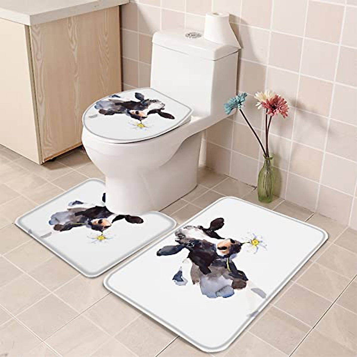 3 Piece Bath Rugs Sets,Watercolor Farm Cow with Daisy Toilet Sets Non Slip Bath Mat, Water Absorbent U-Shaped Contour Toilet Mat, Toilet Lid Cover,White Black