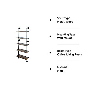 HEONITURE 5 Shelf Industrial Pipe Shelving, Black Modern Bookcase Bookshelf, Wall Mount Ladder Shelf with Metal Frame Display Selves