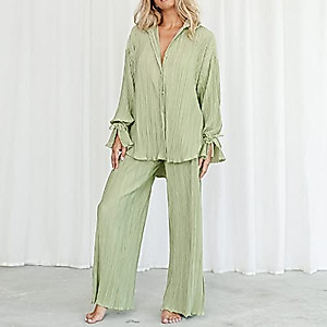 Women's Lingerie, Sexy Sleepwear for Women, Women's Pajama Sets Night Gown Fashion Shirt Long Sleeve Lapel Cardigan Open Trousers Pyjamas Two Piece Set Lengerie Plus Size Outfits (M, Mint Green)