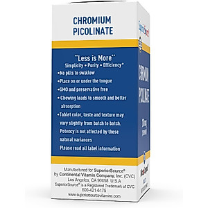 Superior Source Chromium Picolinate - Supplement for Women & Men - Supplement Formula Supports Healthy Sugar Metabolism - Mineral Supplement Aids Overall Health - 500 mcg, 50 Instant Dissolve Tablets