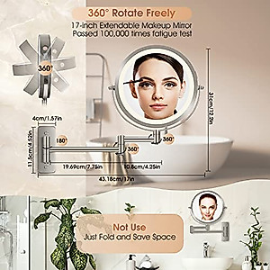 Rechargeable Wall Mounted Lighted Makeup Mirror, 8" Large 1X/10X Magnifying Vanity Mirror with 3 Color Lights, 17 Inch Extendable Bathroom Mirror Nickel, Dimmable 360° Swivel Shaving Light up Mirror
