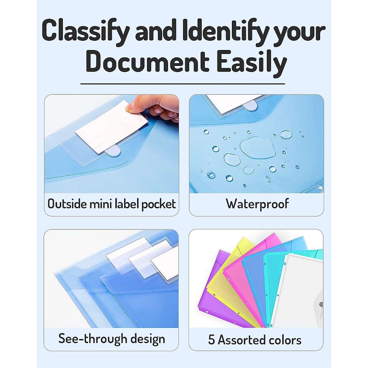 Forvencer Binder Pocket, 10 Pack Super Heavyweight Poly Binder Pocket with Hook and Loop Closure, Binder Folders Side Loading, 3 Ring Binder Pocket, Letter Size, Assorted Colors