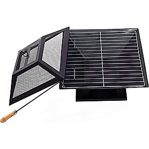 Magshion 2in1 18.5in Small Steel Wood Burning Fire Pit with Cooking Grate Square BBQ Grill Brazier Firepit Fire Bowl Fire Poker Backyard Patio Camping