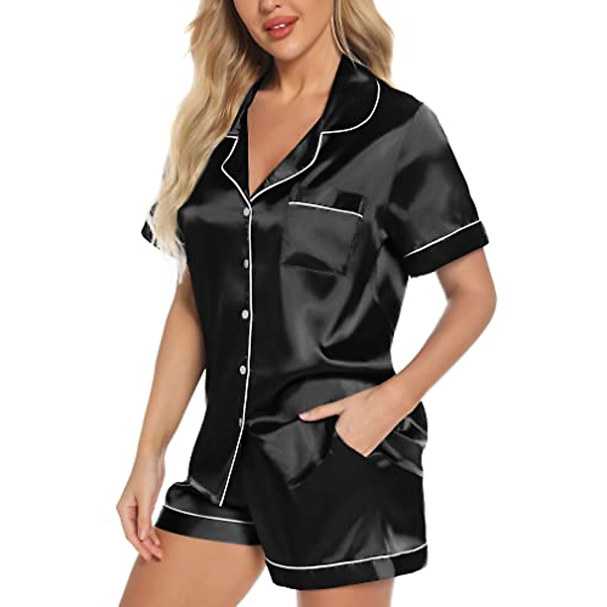 Samring Womens Silk Satin Pajamas Short Sleeve Loungewear Two-Piece Sleepwear Button-Down Pj Set Black L