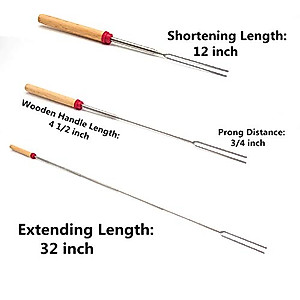 Marshmallow Roasting Sticks Wooden Handle Set of 12 Smores Skewers Telescoping Forks 32 inch with Portable Bag for Hot Dog Campfire Camping Stove BBQ Tools