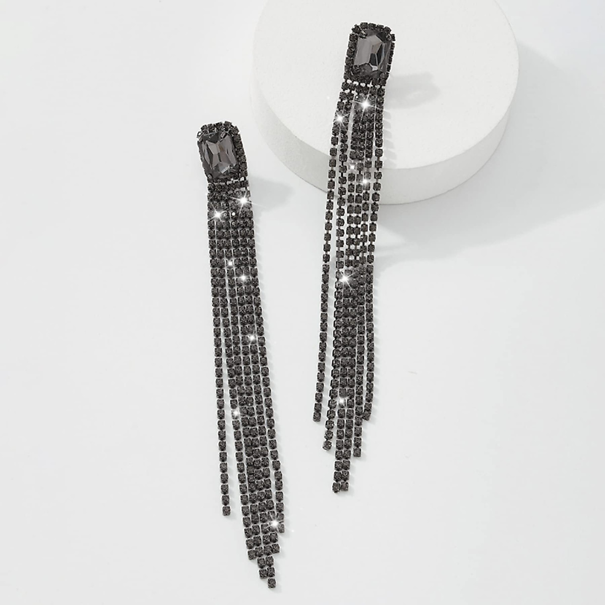 Xerling Long Rhinestones Tassel Earrings Bridal Black Chandelier Fringe Bohemian Earrings for Women Sparkling Crystal Dangle Drop Earrings for Girls (Black)