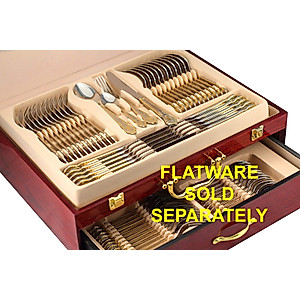 Venezia Collection Flatware Chest holds up to 75 Pieces of Silverware Forks Knives Spoons, Deluxe 2-Drawer Storage Box Case w/High Gloss Finish, Gold-plated Handle & Latches