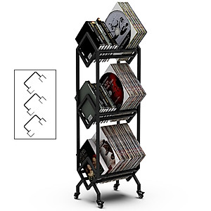 Simoretus 3 Tier Vinyl Record Storage Rack, Mobile Black Metal LP Storage Display Stand with Casters, Large Capacity Record Holder for Albums, Books, Magazines, and Office Files