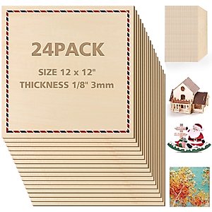 Adrattnay Basswood Sheets 1/8 x 12 x 12 inch - 3mm Basswood Sheets Plywood Sheets Laser Wood, 24Pcs Square Unfinished Wood Board for DIY Crafts, Laser Cutting, Wood Burning, Painting, Model Carving