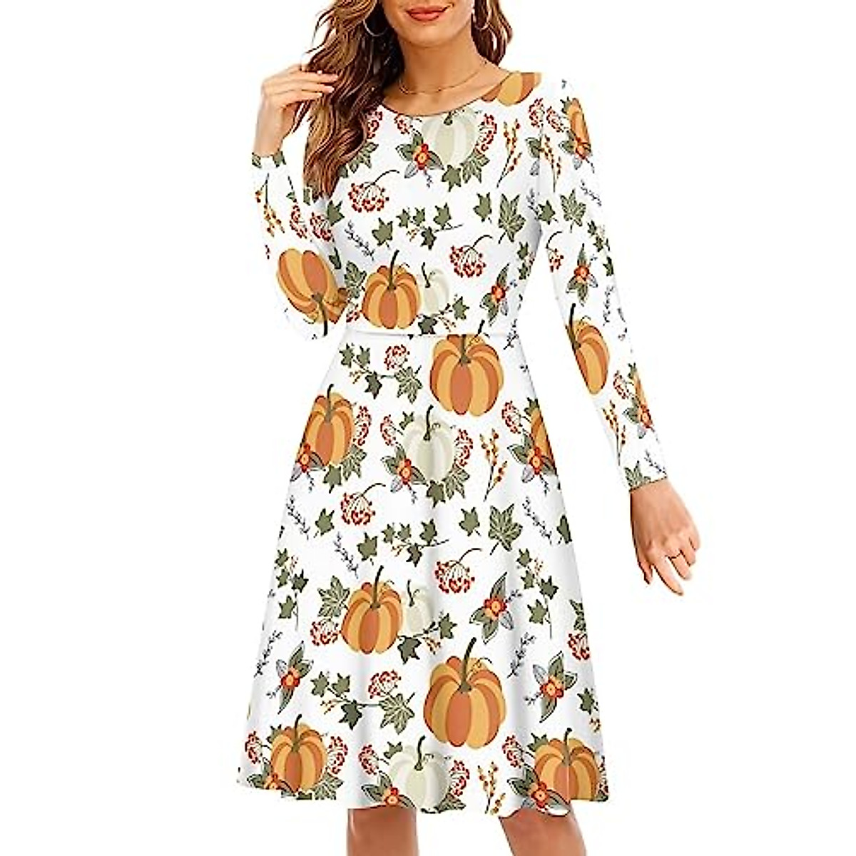 Viewamoon Pumpkins Thanksgiving Dresses for Women 2023 Party Pleated Dress Girl's Long Sleeve Flare Dresses for Dancing Outdoor Office Size XL Puffy Swing Midi Dress for Ladies