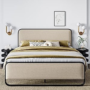 Allewie Queen Size Metal Bed Frame with Curved Upholstered Headboard and Footboard, Platform Bed Frame with Under Bed Storage, No Box Spring Needed, Vintage, Beige