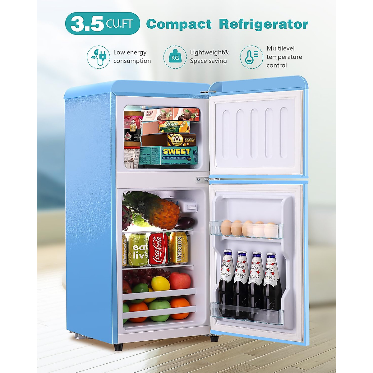 EUASOO FLS-80-Blue 3.5Cu.Ft Compact Refrigerator, Small Refrigerator with freezer, Retro Fridge with Dual Door, 7 Level Adjustable Thermostat for Garage, Dorm,Bedroom, Office