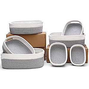 HLWDFLZ 7 Piece Cotton Rope Woven Basket Set - Woven Storage Basket Pets Toy Cotton Rope Basket for Organizing, Small Basket for Montessori, Dog Cat Toy Box, Baby Nursery (White/Gray)