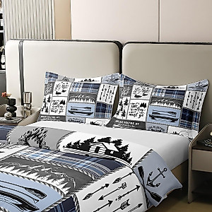 Rustic Farmhouse Style 100% Nature Cotton Duvet Cover King Size,Lake Theme Outdoor Camping Anchor Paddle Silhouette Super Soft Bedding Set,Seaside Cabin Wild Duck Comforter Cover Bedding 3 Piece