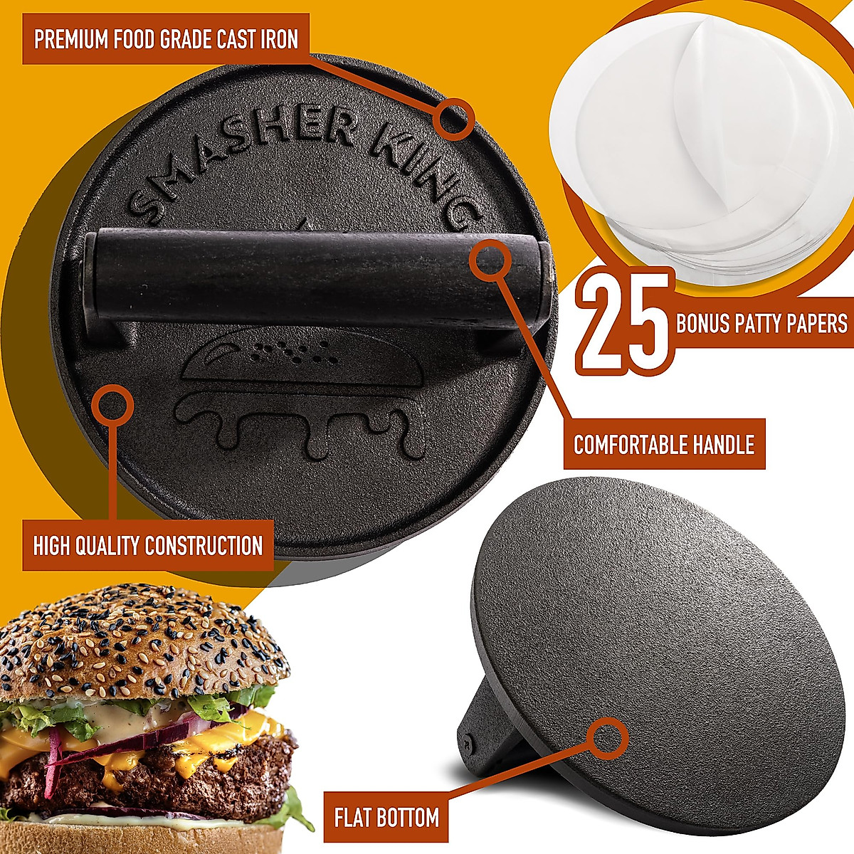 SMASHER KING™ - Premium Cast Iron Smash Burger Press incl. 25 pcs of Patty Paper, Burger Smasher for Griddle with Black Wood Handle, Perfect Hamburger Press, Meat Press, Bacon Press, Sandwich Press