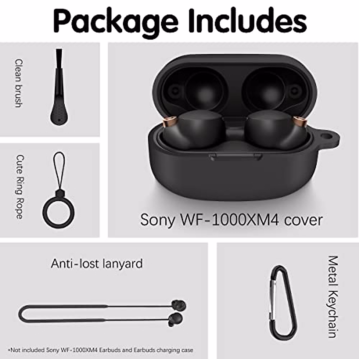 for Sony WF-1000XM4 Case Cover,Woocon 5 in 1 Soft Silicone Protective Accessories Kit Skin Sleeve for Sony WF1000XM4 True Wireless Earbuds Charging Case with Keychain/Anti-Lost Strap/Ring/Brush(Black)